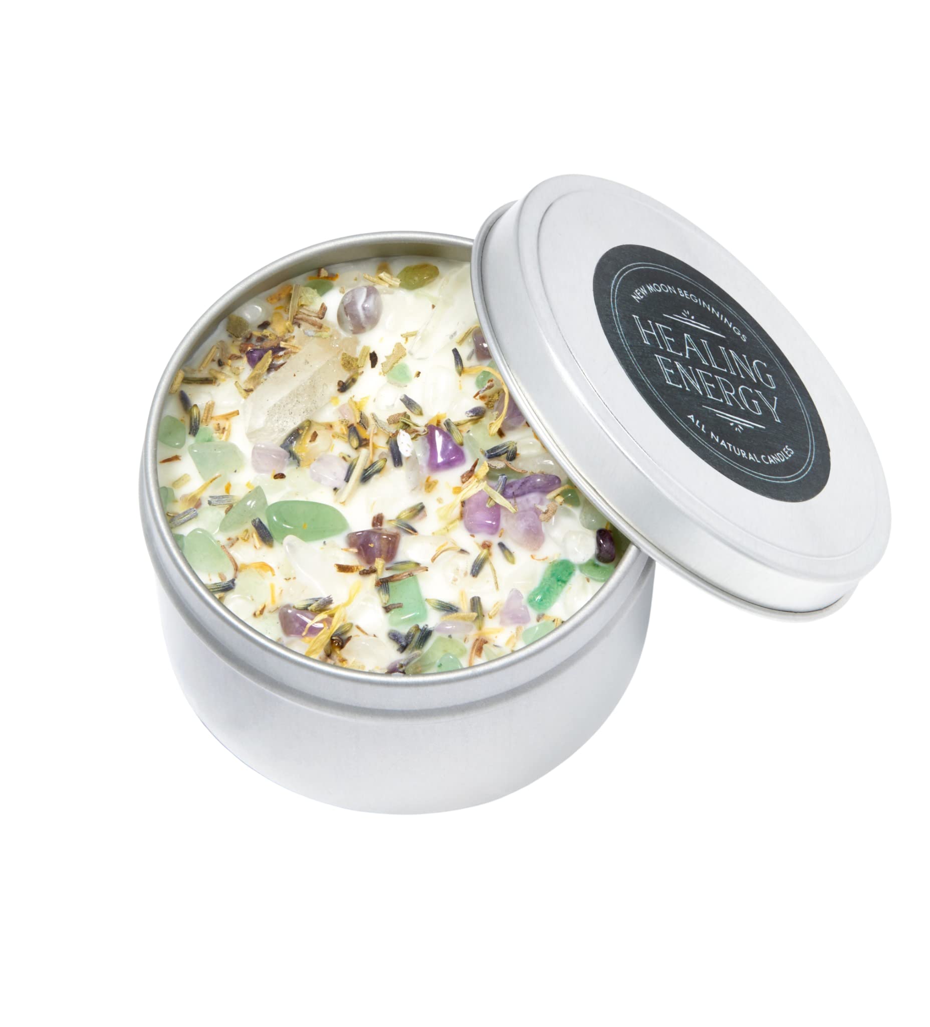 Healing Energy Candle by New Moon Beginnings - Negative Energy Cleansing - Soy Aromatherapy Candle - Handmade Candle with Crystals & Herbs - Energy Healing Candle - 8oz Tin