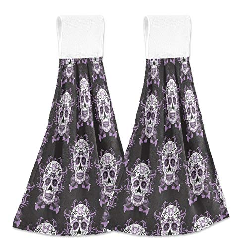 KOCOART Halloween Mexican Skulls Kitchen Hand Towels Day of The Dead Hanging Dish Towel with Loop 2PCS, Soft Super Absorbent Decorative Fingertip Tie Towel for Bathroom 12x17 in