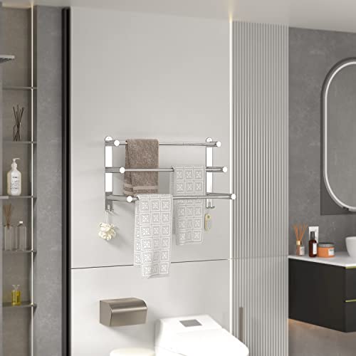 Mlesi Towel Bars Freely Retractable 17-31 Inches Bathroom Towel Rack with Hooks,SUS304 Stainless Steel 3-Tiers Towel Rails Wall Mounted No Drill Sdjustable,Bathroom Towels Shelves Rack with Adhesives