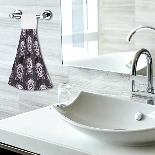 KOCOART Halloween Mexican Skulls Kitchen Hand Towels Day of The Dead Hanging Dish Towel with Loop 2PCS, Soft Super Absorbent Decorative Fingertip Tie Towel for Bathroom 12x17 in
