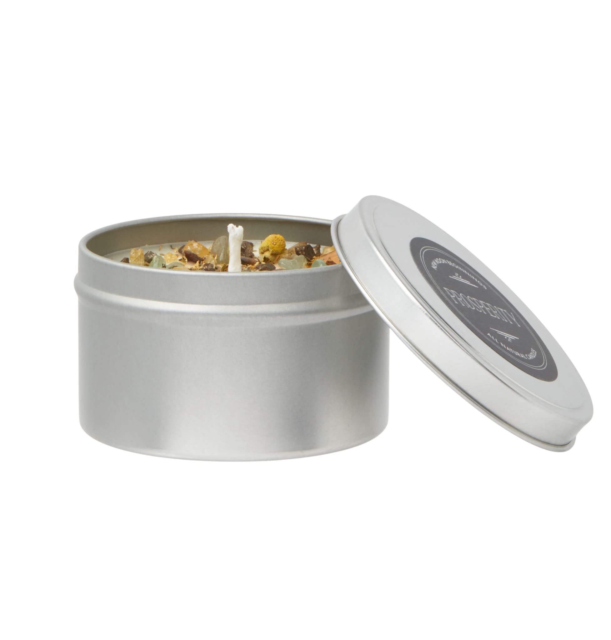 Prosperity Candle by New Moon Beginnings - Crystal Candle - Good Luck, Success & Abundance - Soy - Bayberry Patchouli Cypress - 8oz Tin