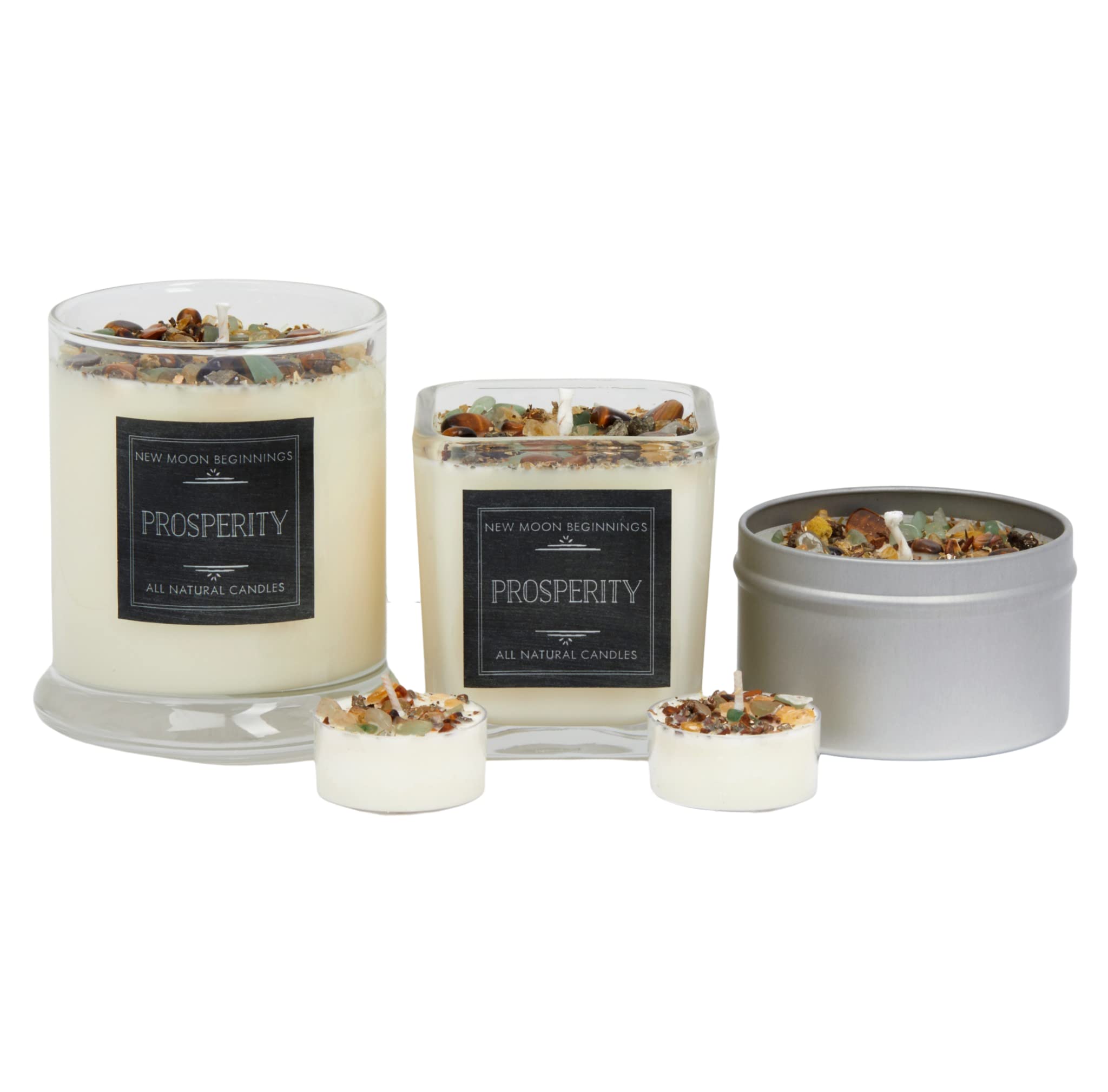 Prosperity Candle by New Moon Beginnings - Crystal Candle - Good Luck, Success & Abundance - Soy - Bayberry Patchouli Cypress - 8oz Tin