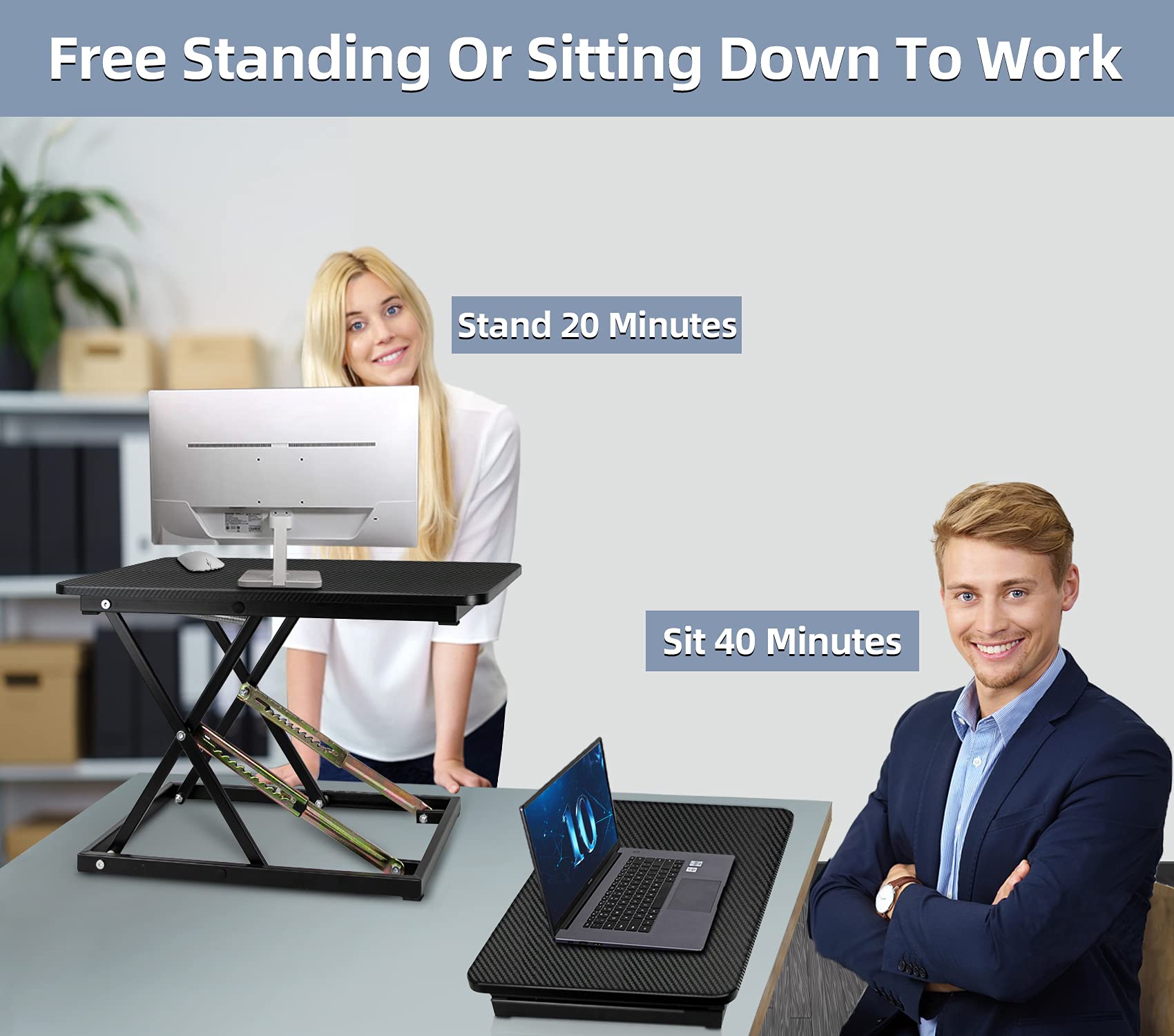 STANDNEE Standing Desk Converter, Height Adjustable Sit Stand Desk Converter, Fully Assembled Monitor Desk Riser for Standing or Sitting, Sit to Stand Desk for Home Office, Black, Pattern.