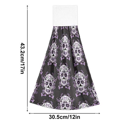KOCOART Halloween Mexican Skulls Kitchen Hand Towels Day of The Dead Hanging Dish Towel with Loop 2PCS, Soft Super Absorbent Decorative Fingertip Tie Towel for Bathroom 12x17 in
