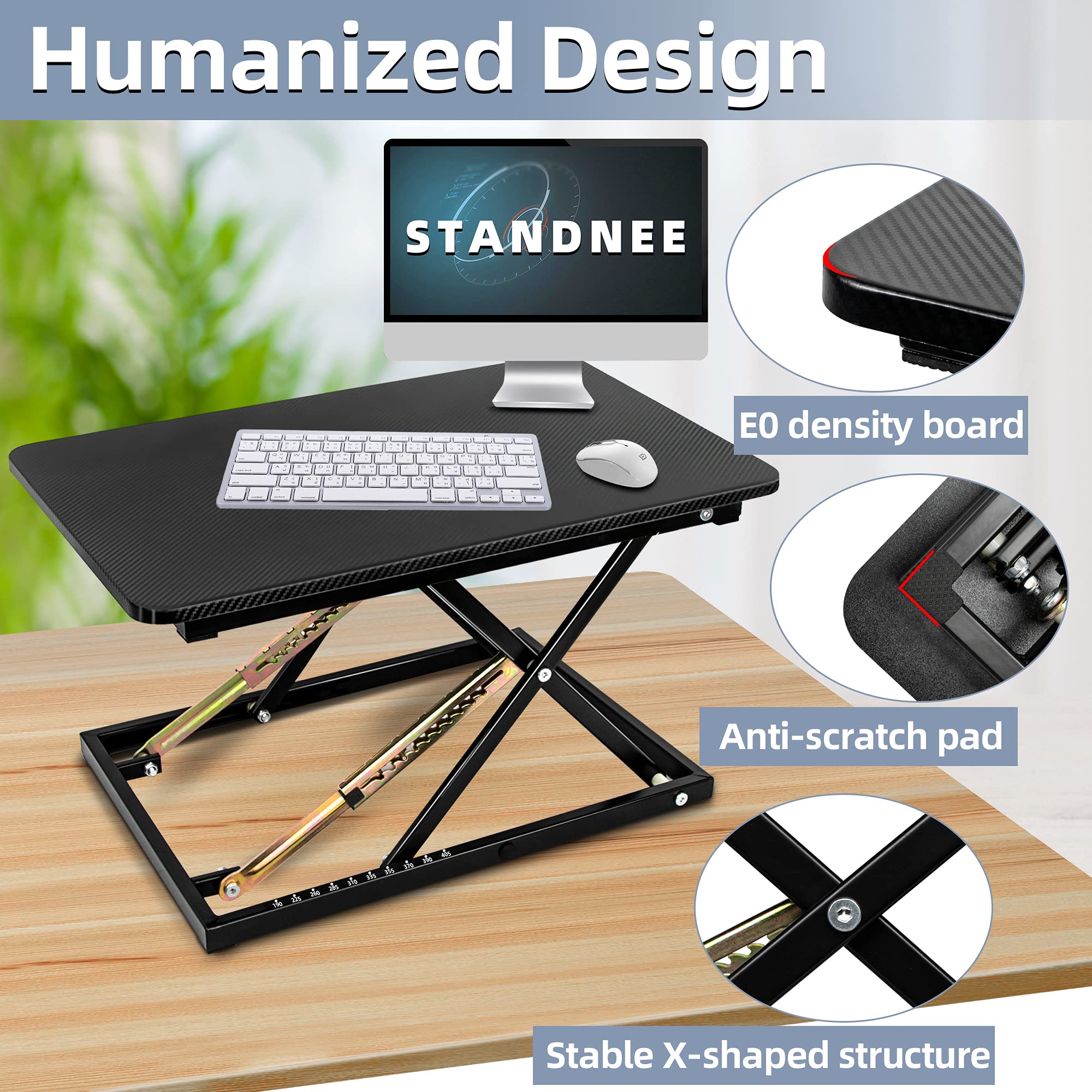 STANDNEE Standing Desk Converter, Height Adjustable Sit Stand Desk Converter, Fully Assembled Monitor Desk Riser for Standing or Sitting, Sit to Stand Desk for Home Office, Black, Pattern.