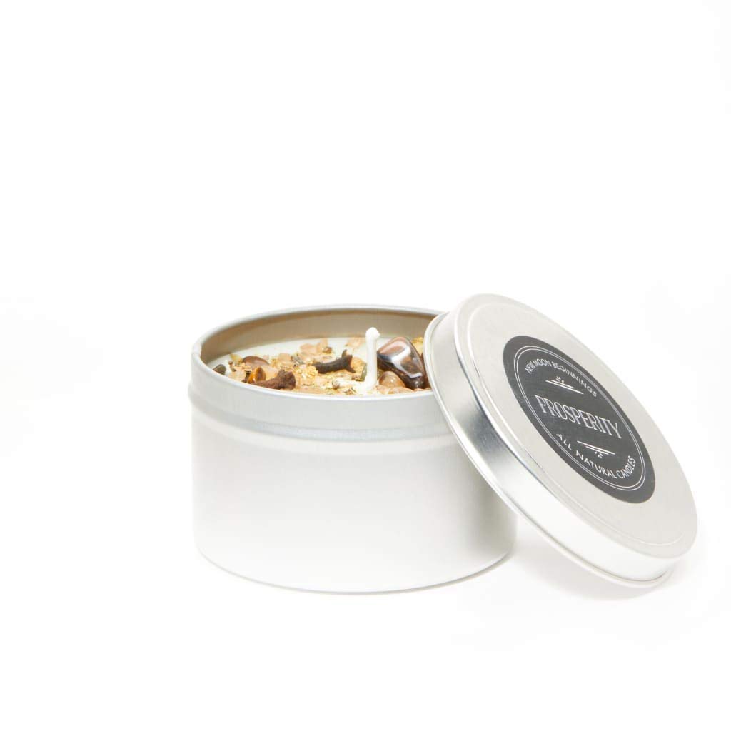 Prosperity Candle by New Moon Beginnings - Crystal Candle - Good Luck, Success & Abundance - Soy - Bayberry Patchouli Cypress - 8oz Tin