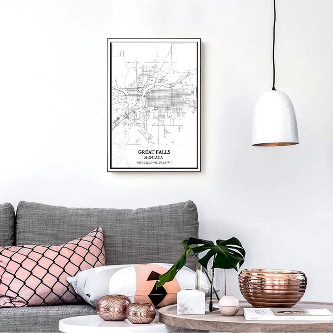 TANOKCRS Great Falls Montana USA America Map Wall Art Canvas Print Poster Artwork Unframed Modern Black and White Map Souvenir Gift Home Decor