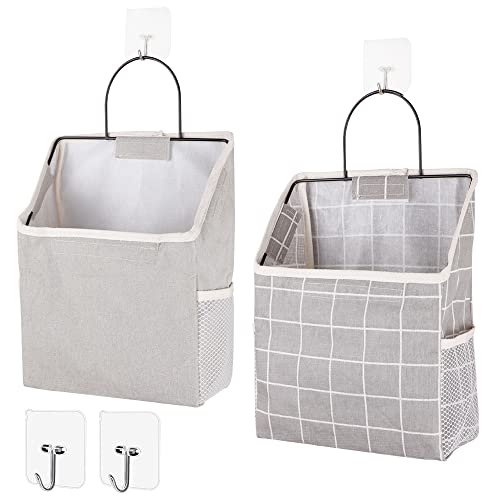 BieFuDan 2Pcs White Plaid Fabric Wall Hanging Storage with Hook, Hanging Waterproof Storage Bags with Side Mesh Pockets, Stylish Hanging Storage Pouches for Bedroom, Bathroom, Kitchen (Type 1)