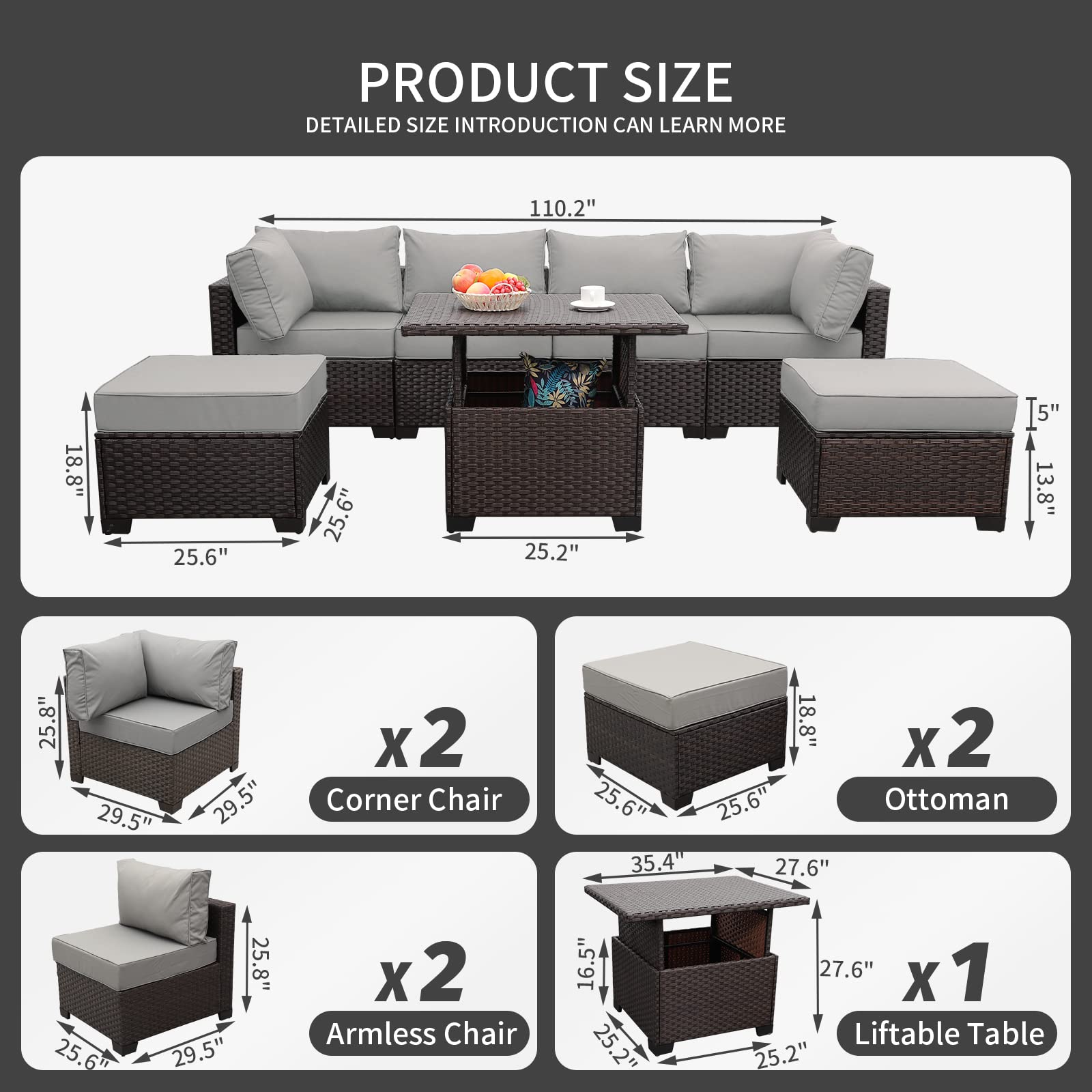 Outdoor Patio Dark Brown Rattan 7 Piece Sectional Set PE Wicker Conversation Sofa with Liftable Storage Table, Non-Slip 5" Thick Grey Cushion and Furniture Cover