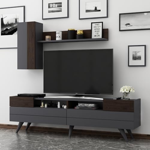 HOMIDEA Moon TV Stand -TV Lowboard – Wall Unit Set – TV Board – Cabinet with Two Doors and Wall Shelf in Modern Design (Anthracite/Walnut)