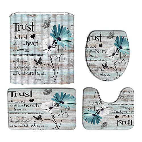 DSMEUE Inspirational Quote 4 Piece Shower Curtain Sets with Rugs,Rustic Teal Wooden Board Daisy Flower Butterfly Motivational 70"x70" Bathroom Curtain and 17.8"x29.5" Bath Mat,Toilet Cover, U-Shaped