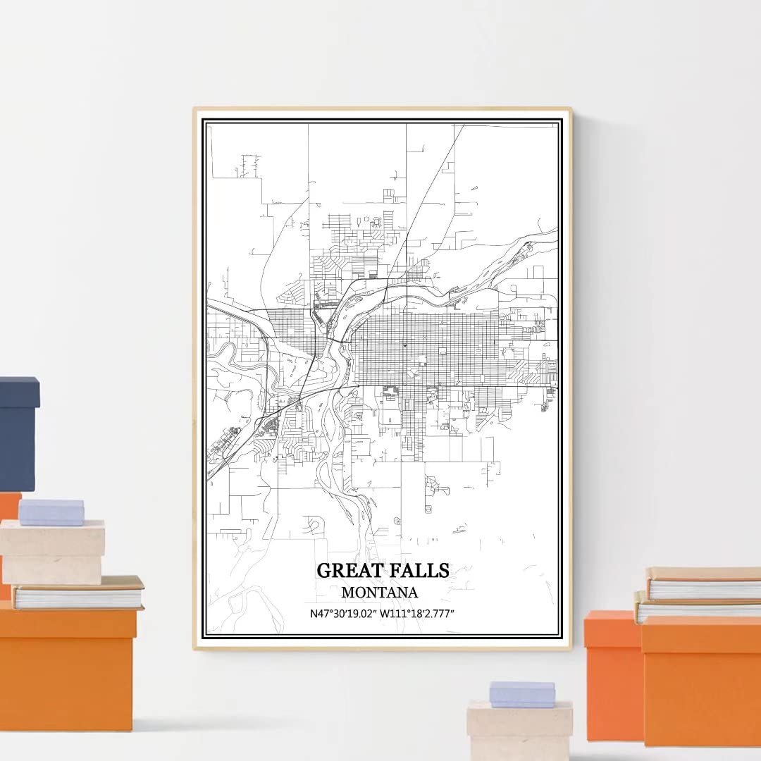 TANOKCRS Great Falls Montana USA America Map Wall Art Canvas Print Poster Artwork Unframed Modern Black and White Map Souvenir Gift Home Decor