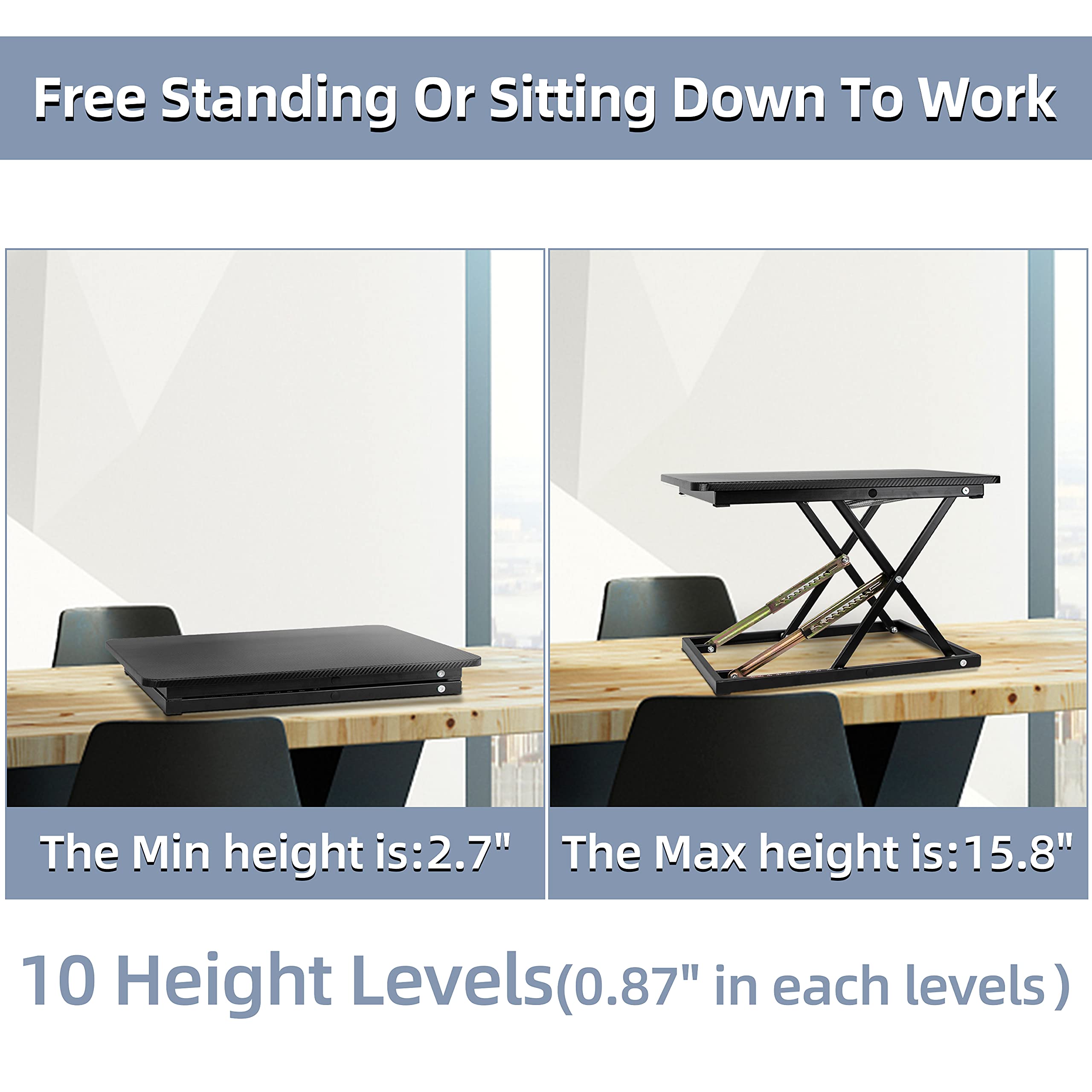 STANDNEE Standing Desk Converter, Height Adjustable Sit Stand Desk Converter, Fully Assembled Monitor Desk Riser for Standing or Sitting, Sit to Stand Desk for Home Office, Black, Pattern.