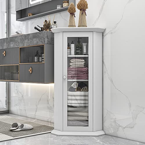 AMNOOL The Independent Bathroom Cabinet with a Glass Door is Suitable for Corner Storage containers in The Bathroom, Living Room and Kitchen, Medium -Density Fiber Board, and Paint with Paint (White)