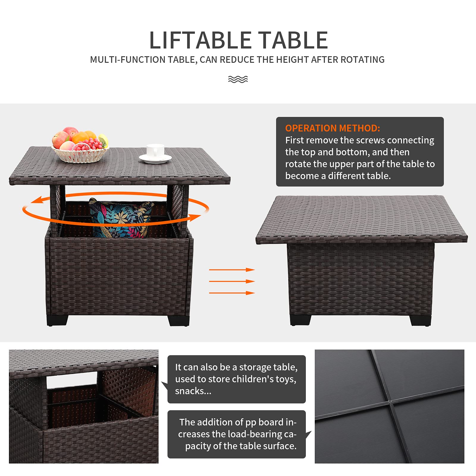 Outdoor Patio Dark Brown Rattan 7 Piece Sectional Set PE Wicker Conversation Sofa with Liftable Storage Table, Non-Slip 5" Thick Grey Cushion and Furniture Cover