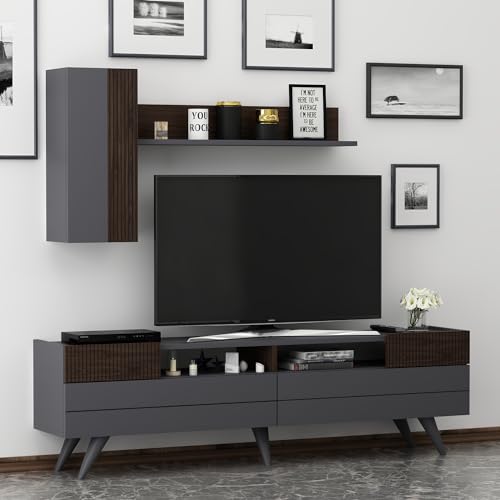HOMIDEA Moon TV Stand -TV Lowboard – Wall Unit Set – TV Board – Cabinet with Two Doors and Wall Shelf in Modern Design (Anthracite/Walnut)
