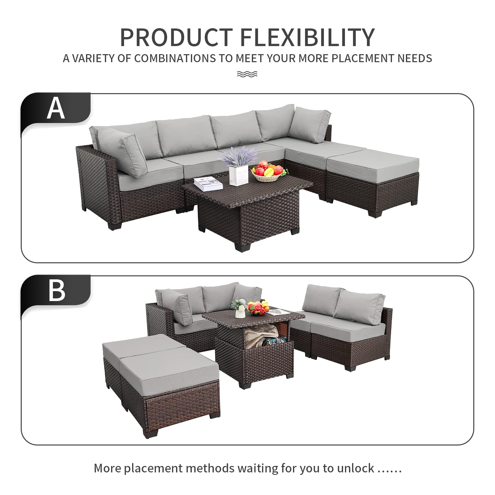 Outdoor Patio Dark Brown Rattan 7 Piece Sectional Set PE Wicker Conversation Sofa with Liftable Storage Table, Non-Slip 5" Thick Grey Cushion and Furniture Cover