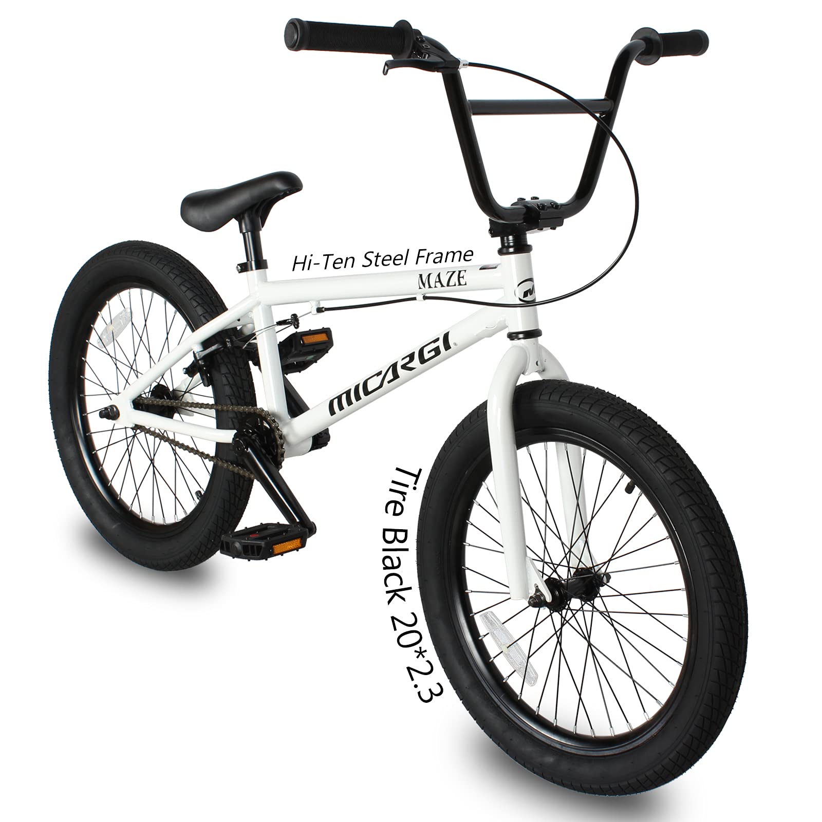 MICARGI Maze Freestyle BMX Bike, Entry and Intermediate Rider, 20-inch Wheels, Hi-Ten Steel Frame, U Brake 3-Piece Crank Micro Drive 25x 9T BMX Gearing (Maze - White)