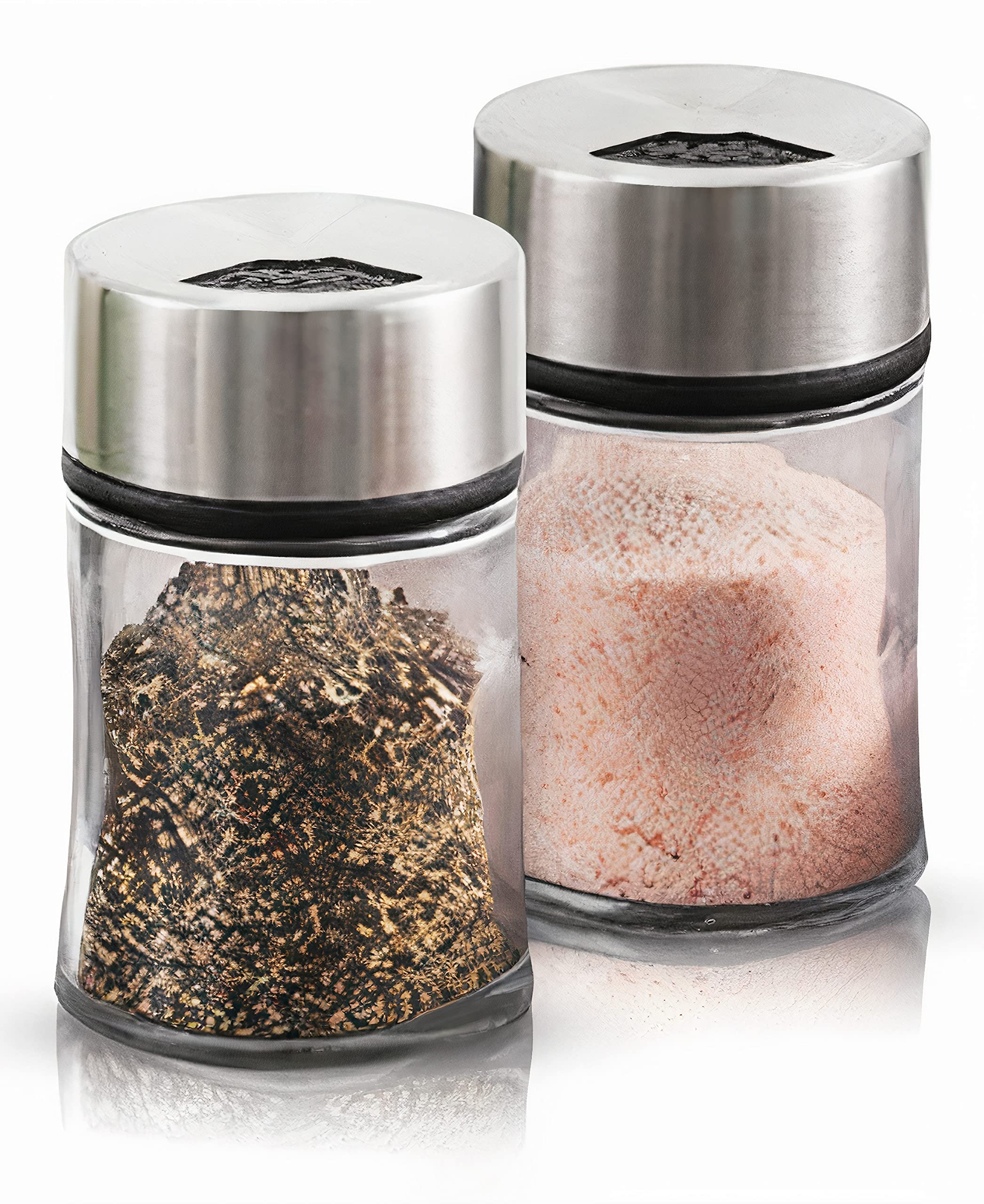 Green Sky Enterprise Premium Salt and Pepper Shakers with Adjustable Pour Holes - Set of 2 - Elegant Stainless Steel and Glass - Perfect Spice Dispenser Set for Your Delicious Meals