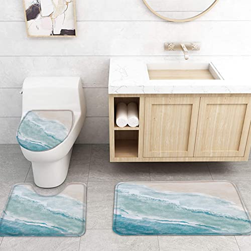 PakiInno Shower Curtain Sets 4 Piece Bathroom Decor Sets with Rugs, Ocean Beach Dreamy Gradient Minimalist Abstract Art Illustration Waterproof Shower Curtain Non-Slip Rug with Hooks for Tub-