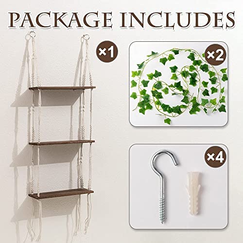MI X TEE 3 Tier Wall Hanging Shelves with Artificial Ivy Leaves, Wooden Hanging Storage Floating Shelves for Small Plants, Macrame Shelves, Boho Room Decor Handmade Cotton Rope,Living Room Bedroom