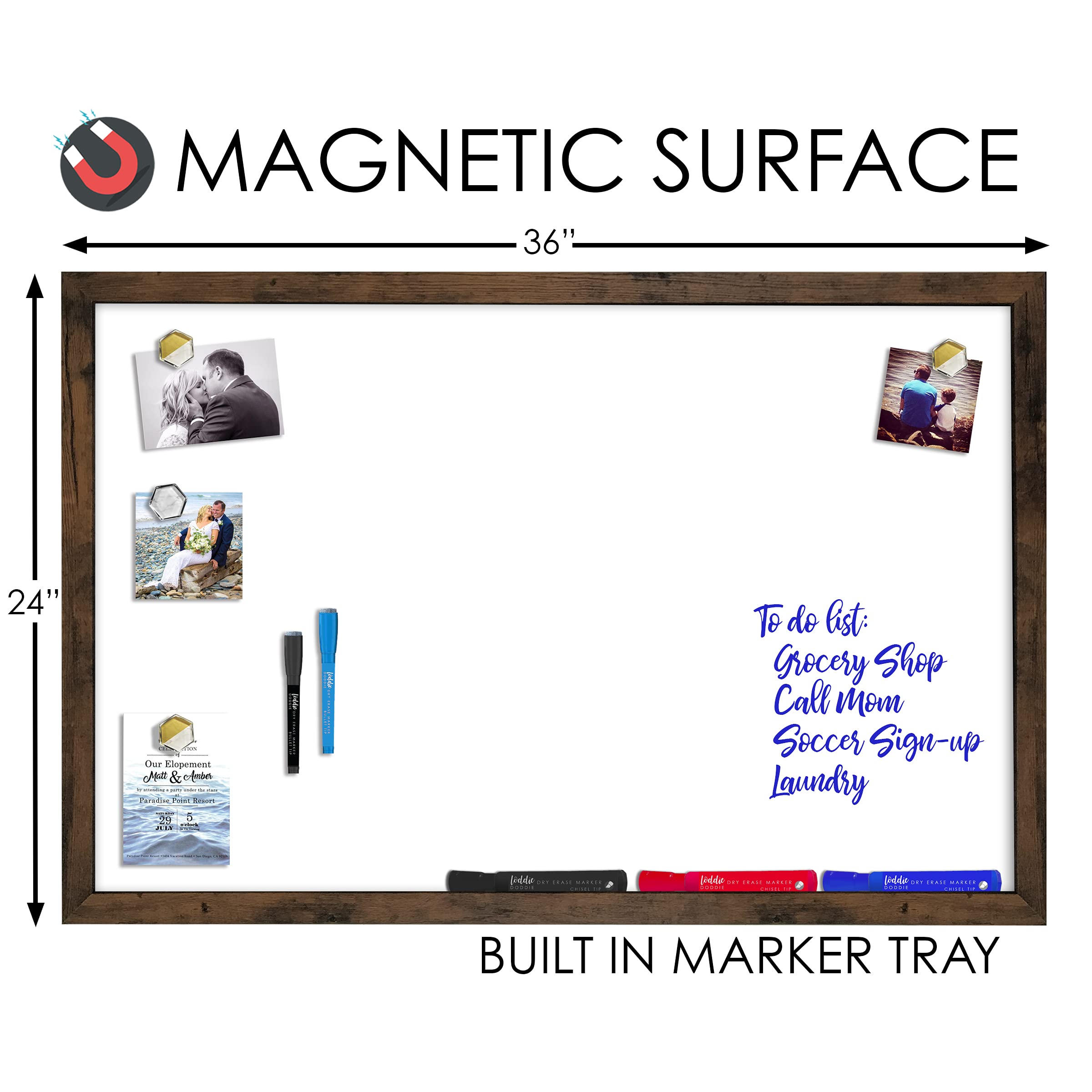 Loddie Doddie Magnetic White Board 24" x 36" - Magnetic Dry Erase Board with Built-in Marker Tray - Rustic Wooden Frame