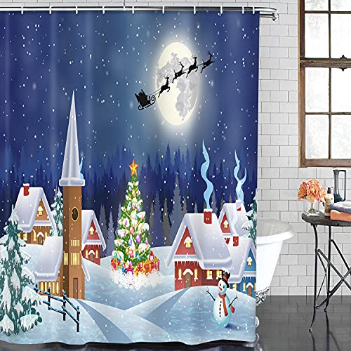 ArtSocket 4 Pcs Shower Curtain Set House Snowy Christmas Landscape Night with Non-Slip Rugs Toilet Lid Cover and Bath Mat Bathroom Decor Set 72" x 72"