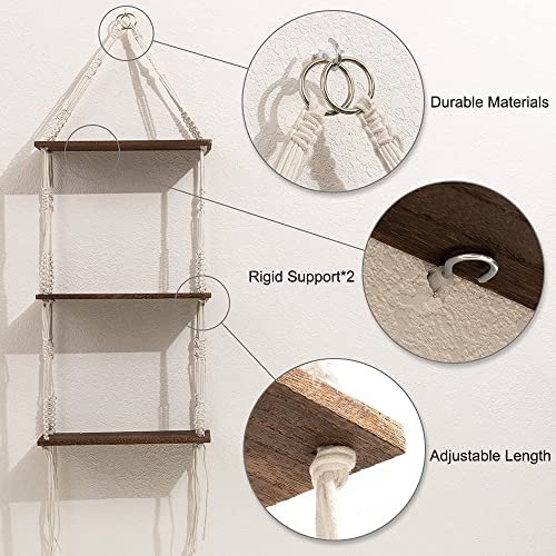 MI X TEE 3 Tier Wall Hanging Shelves with Artificial Ivy Leaves, Wooden Hanging Storage Floating Shelves for Small Plants, Macrame Shelves, Boho Room Decor Handmade Cotton Rope,Living Room Bedroom