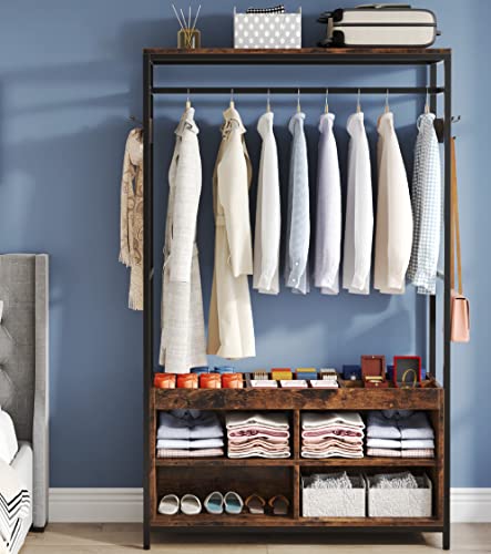 Tribesigns Freestanding Closet Organizer, Wooden Garment Rack for Hanging Clothes, Heavy Duty Wardrobe Rack with Storage, Industrial Clothing Racks with 6-Grid Organizer Box,Rustic Brown