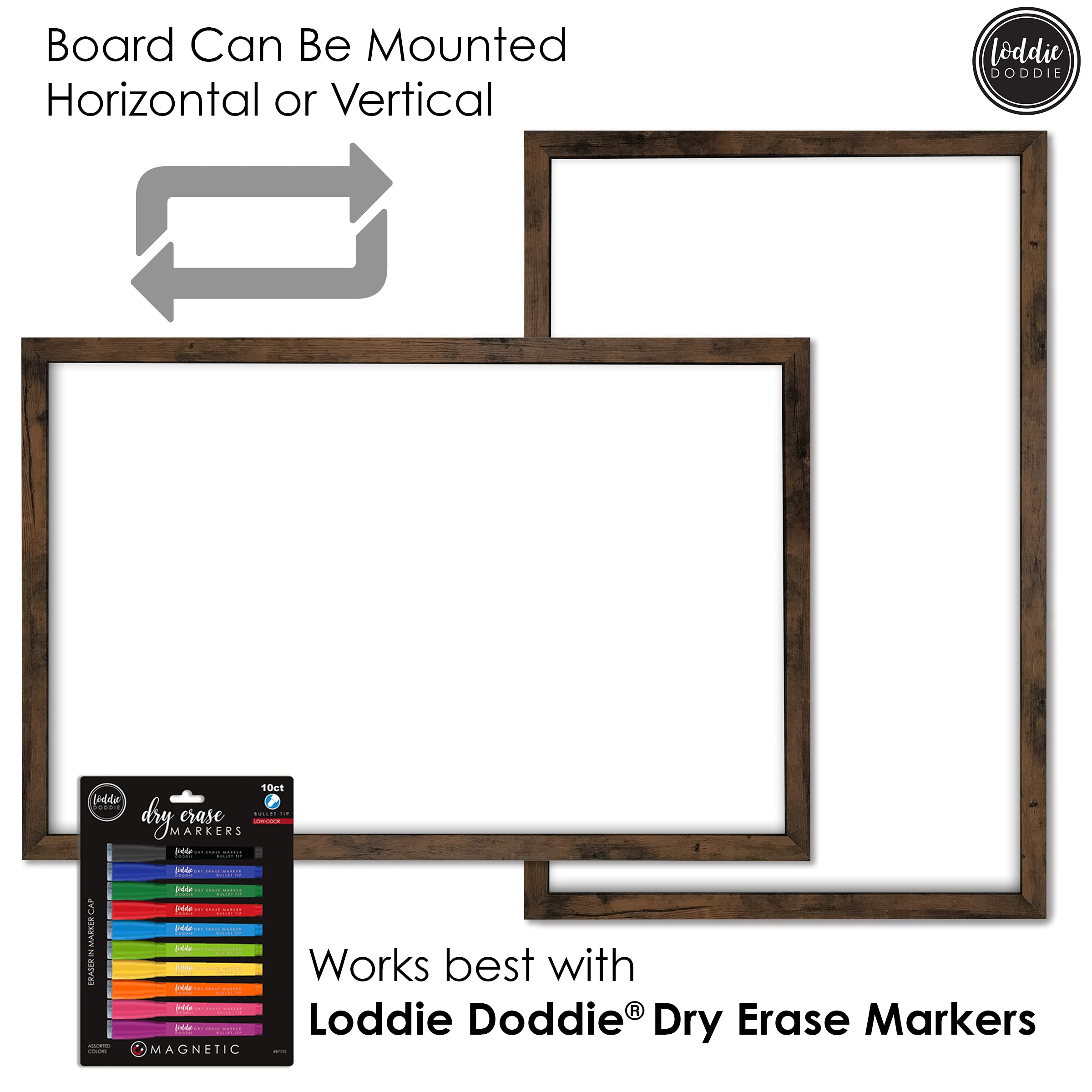 Loddie Doddie Magnetic White Board 24" x 36" - Magnetic Dry Erase Board with Built-in Marker Tray - Rustic Wooden Frame