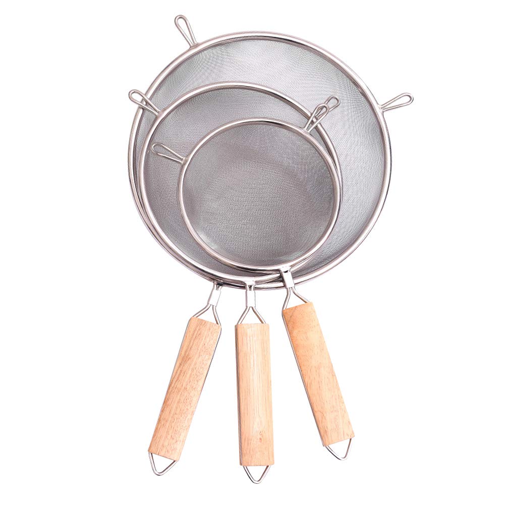 NaDale Set of 3 Stainless Steel Fine Mesh Strainers 4.92"ļ¼6.3"ļ¼7.87" Strainer Wire Sieve Sifter for Kitchen Tools Gadgets