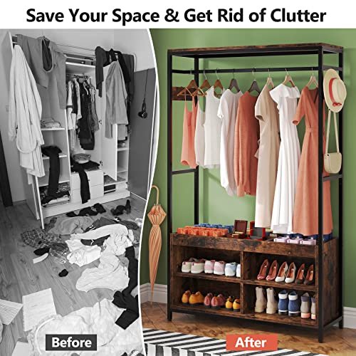 Tribesigns Freestanding Closet Organizer, Wooden Garment Rack for Hanging Clothes, Heavy Duty Wardrobe Rack with Storage, Industrial Clothing Racks with 6-Grid Organizer Box,Rustic Brown