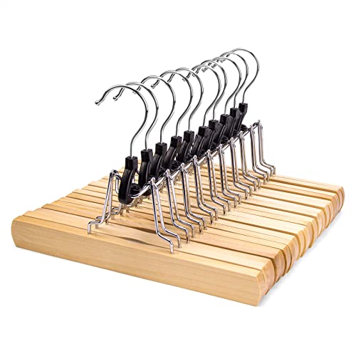 Nature Smile Wooden Pants Hangers 10 Pack Non Slip Skirt Hangers, Smooth Finish Solid Wood Clamp Hangers Hair Extension Hangers Jeans/Slack Hangers with 360° Swivel Hook - Pants Clip Hangers (Natural)