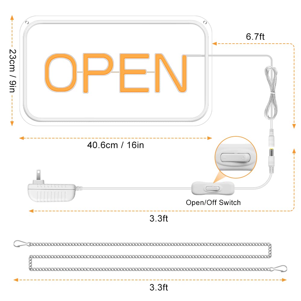 LED Open Sign 16x9 inch, 12V Super Bright Open Signs for Business, Open Neon Sign for Window Party Wall Shop Salon Club Hotel, (Yellow& White), with ON/OFF Switch & Adapter, Horizontal