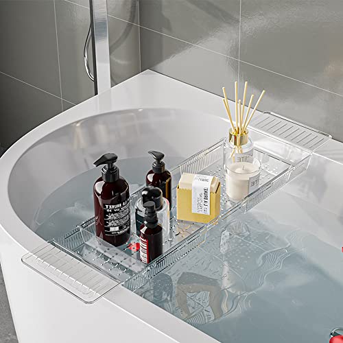 Ollimy Bath Shelf Bathtub Tray, Adjustable Bathtub Caddy Tray Storage Rack - Bathroom Bathtub Tray - Expandable Bath Shelf Fits All Tubs (Transparent)