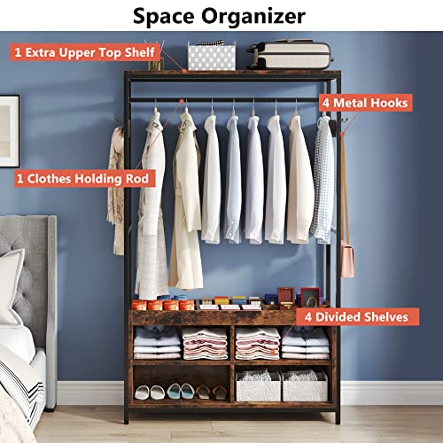 Tribesigns Freestanding Closet Organizer, Wooden Garment Rack for Hanging Clothes, Heavy Duty Wardrobe Rack with Storage, Industrial Clothing Racks with 6-Grid Organizer Box,Rustic Brown
