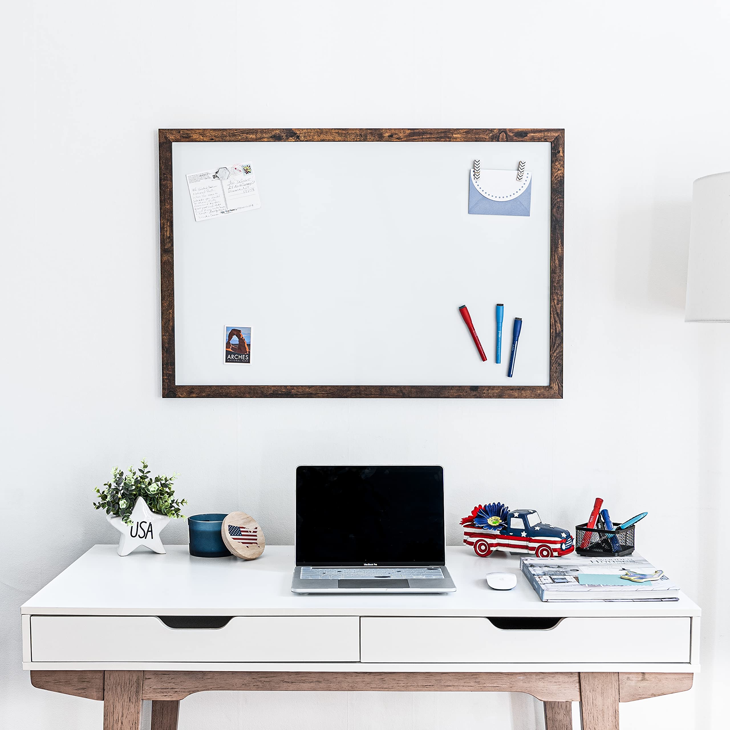 Loddie Doddie Magnetic White Board 24" x 36" - Magnetic Dry Erase Board with Built-in Marker Tray - Rustic Wooden Frame