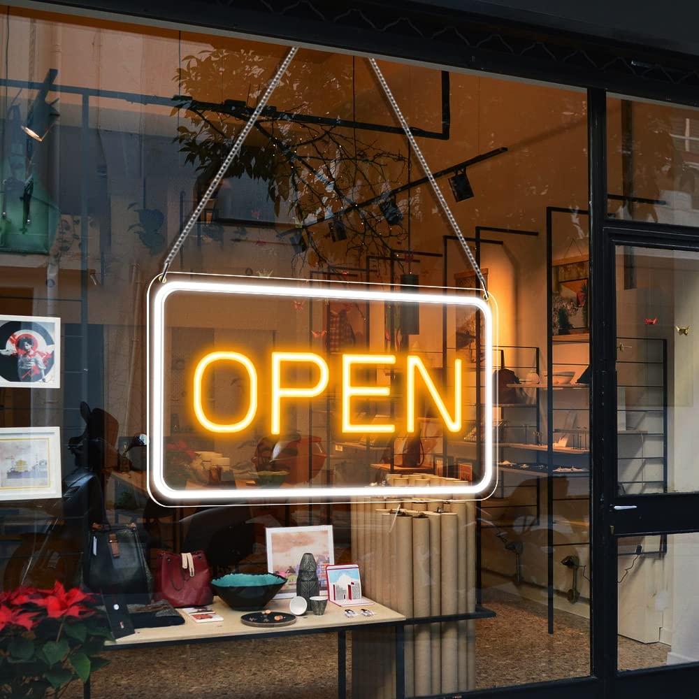 LED Open Sign 16x9 inch, 12V Super Bright Open Signs for Business, Open Neon Sign for Window Party Wall Shop Salon Club Hotel, (Yellow& White), with ON/OFF Switch & Adapter, Horizontal