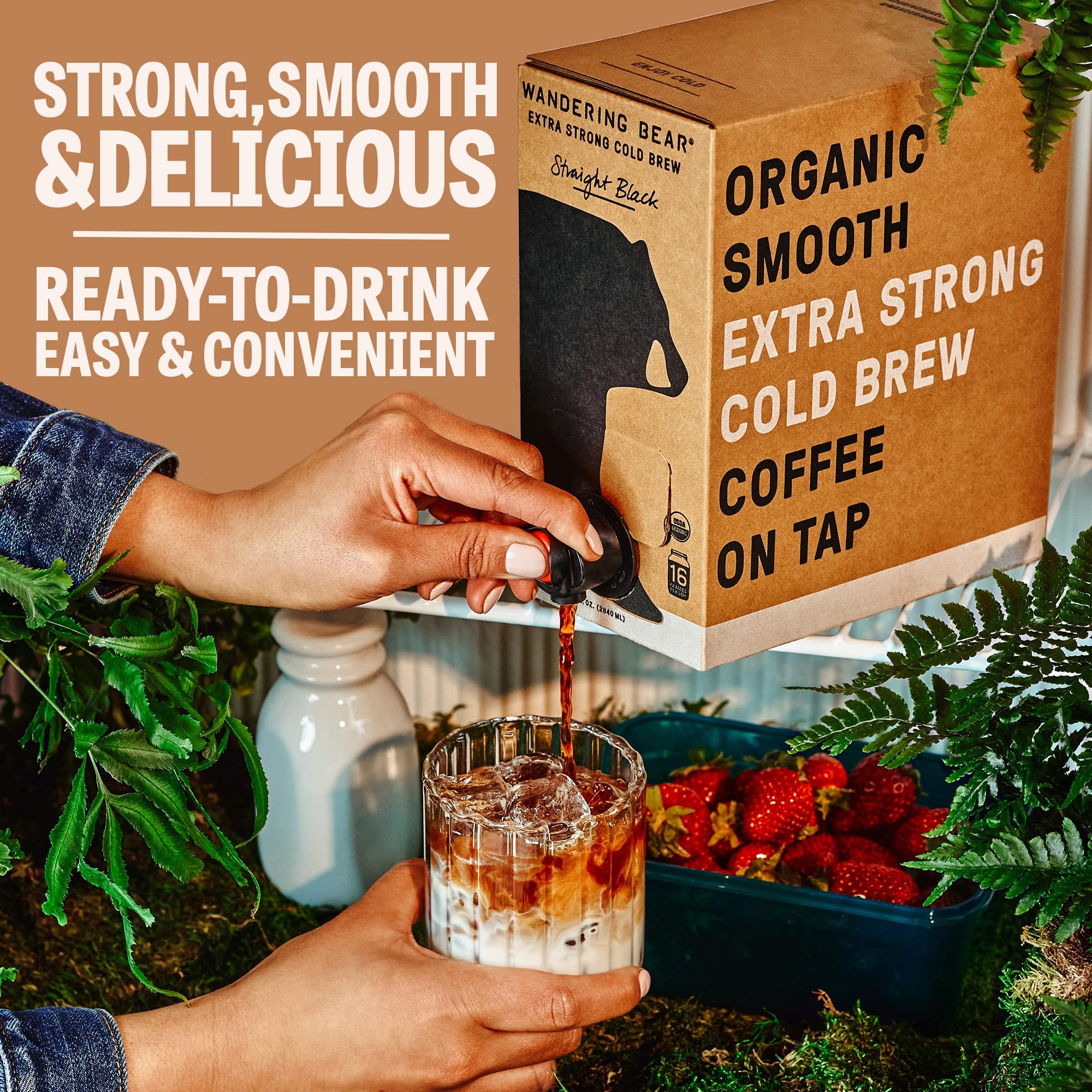 Wandering Bear DECAF Cold Brew Coffee On Tap, 96 fl oz - Extra Strong, Smooth, Unsweetened, Shelf-Stable, and Ready to Drink Iced Coffee, Cold Brewed Coffee, Cold Coffee