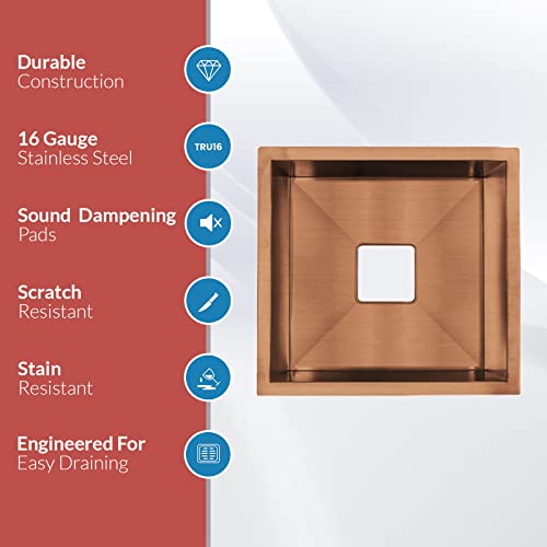 Strictly Sinks Undermount Copper Bar Prep Sink – 18 Inch Single Bowl 16 Gauge Stainless Steel Undermount Bar Sink – Tight Radius Corners Kitchen & Bar Sink With Drain Kit