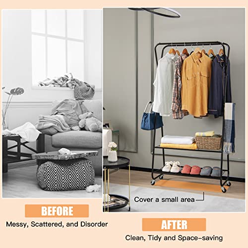 Tangkula Heavy Duty Clothes Rack with Shelves, Double Rod Rolling Garment Rack on Wheels with 4 Hooks, Portable Hanging Clothes Rack for Organizing Clothes and Shoes, Freestanding Clothing Racks