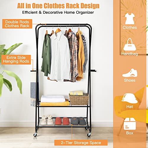 Tangkula Heavy Duty Clothes Rack with Shelves, Double Rod Rolling Garment Rack on Wheels with 4 Hooks, Portable Hanging Clothes Rack for Organizing Clothes and Shoes, Freestanding Clothing Racks