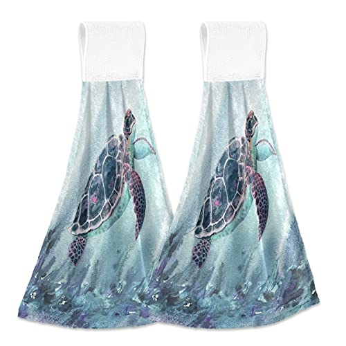 Blue Sea Turtle Hanging Kitchen Towels 2 Pack Watercolor Tortoise Absorbent Wipe Dish Towels Ocean Animal Tie Towel for Bathroom Home Decor