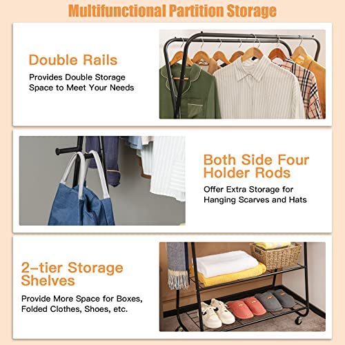 Tangkula Heavy Duty Clothes Rack with Shelves, Double Rod Rolling Garment Rack on Wheels with 4 Hooks, Portable Hanging Clothes Rack for Organizing Clothes and Shoes, Freestanding Clothing Racks