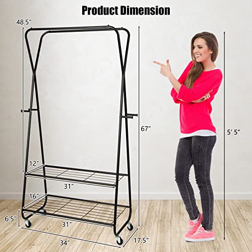 Tangkula Heavy Duty Clothes Rack with Shelves, Double Rod Rolling Garment Rack on Wheels with 4 Hooks, Portable Hanging Clothes Rack for Organizing Clothes and Shoes, Freestanding Clothing Racks