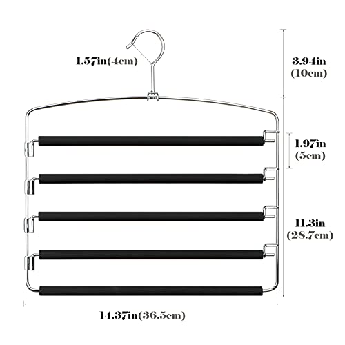 Clothes Pants Slack Hangers 5 Layers Non Slip Closet Storage Organizer Space Saving Hanger with Foam Padded Swing Arm for Pants Jeans Scarf Trousers Skirts (Updated Version-4pcs Black)