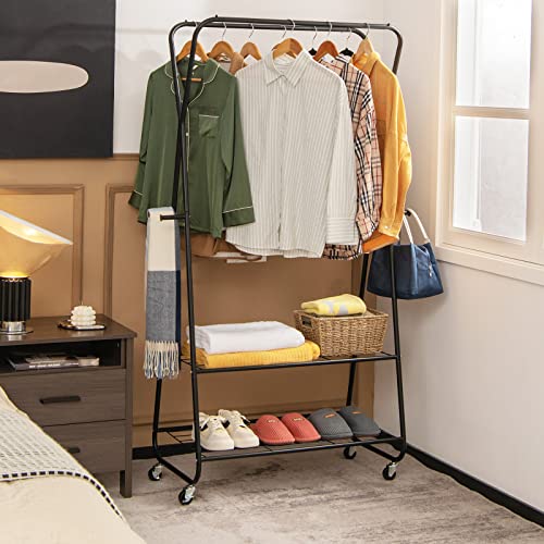 Tangkula Heavy Duty Clothes Rack with Shelves, Double Rod Rolling Garment Rack on Wheels with 4 Hooks, Portable Hanging Clothes Rack for Organizing Clothes and Shoes, Freestanding Clothing Racks