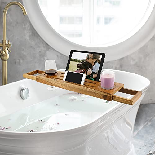 EcoFives Teak Bathtub Tray Caddy - Expandable Bath Tray - Adjustable Organizer Tray for Bathroom - Luxury Bath Caddy Tub Table, Bathtub Accessories & Bathroom Gadgets