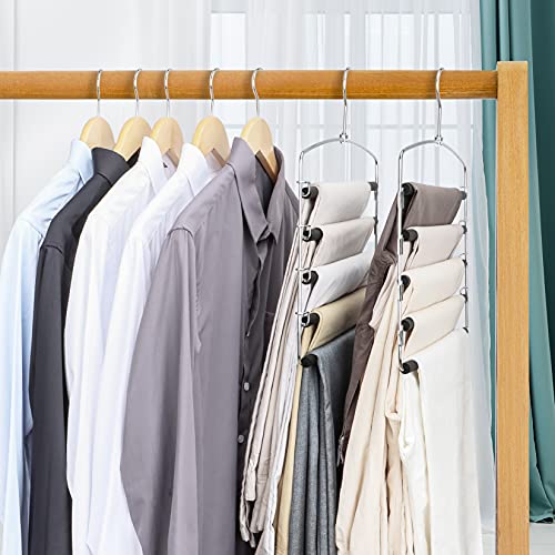 Clothes Pants Slack Hangers 5 Layers Non Slip Closet Storage Organizer Space Saving Hanger with Foam Padded Swing Arm for Pants Jeans Scarf Trousers Skirts (Updated Version-4pcs Black)