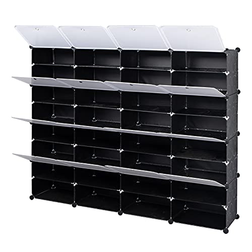 QXDRAGON 8-Tier Portable 64 Pair Shoe Rack Organizer 32 Grids Tower Shelf Storage Cabinet Stand Expandable for Heels, Boots, Slippers, Black
